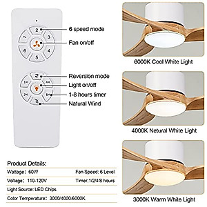 TFVV 52" Wood Ceiling Fan with Light,3 Blades,6 speeds, Farmhouse Ceiling Fan with Remote Control for Living Room, Bedroom, Kitchen(White)