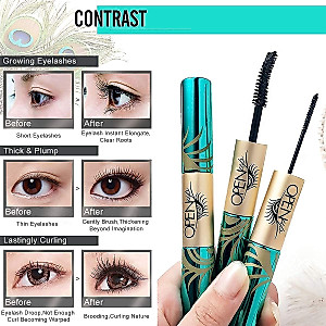 GECOMO Mascara Black Volume and Length with 2 in 1 Mascara Wand, 4D Silk Fiber Lash Mascara Waterproof, No Smudging, No Clumping, No Flaking, Thick & Black, Best Mascara for Women