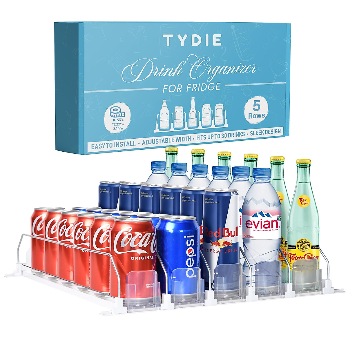 Drink Organizer For Fridge - Fridge Organizers Self Pushing Drink Dispenser, Drink Dispenser for Fridge w/Smooth Spring & Conveyor Belt, Adjustable 6 Can & Can Organizer for Refrigerator, 17.3"D