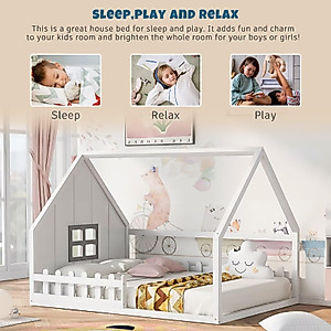 Merax Full Size House Bed for Kids,Wood Montessori Floor Bed with Fence and Window,Full Floor Bed with Rails for Girls Boys, White