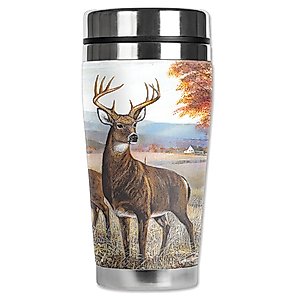 Mugzie "White Tail Deer" Stainless Steel Travel Mug with Insulated Wetsuit Cover, 20 oz, Black