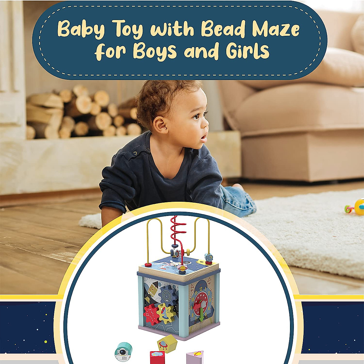 LEO & FRIENDS Benny Toddler Wooden Activity Cube, 6-Piece Educational Play Set and Puzzle | Baby Toy with Bead Maze for Boys and Girls | Endless Activity Options, Perfect Birthday Present