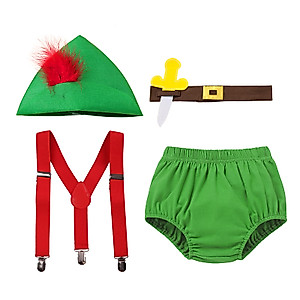 Toddlers Baby Boys Green Halloween Costume Red Feather Green Hat Cosplay 1st Birthday Cake Smash Outfit with Bloomers Diaper Cover brown Belt Role Play Accessories Costume Set Green 4pcs 18-24 Months