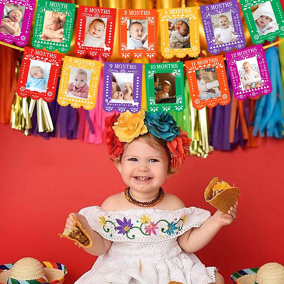Kreatwow Mexican Photo Banner Fiesta Monthly Banner Papel Picado for 1st Birthday Party Decorations from Newborn to 12 Month