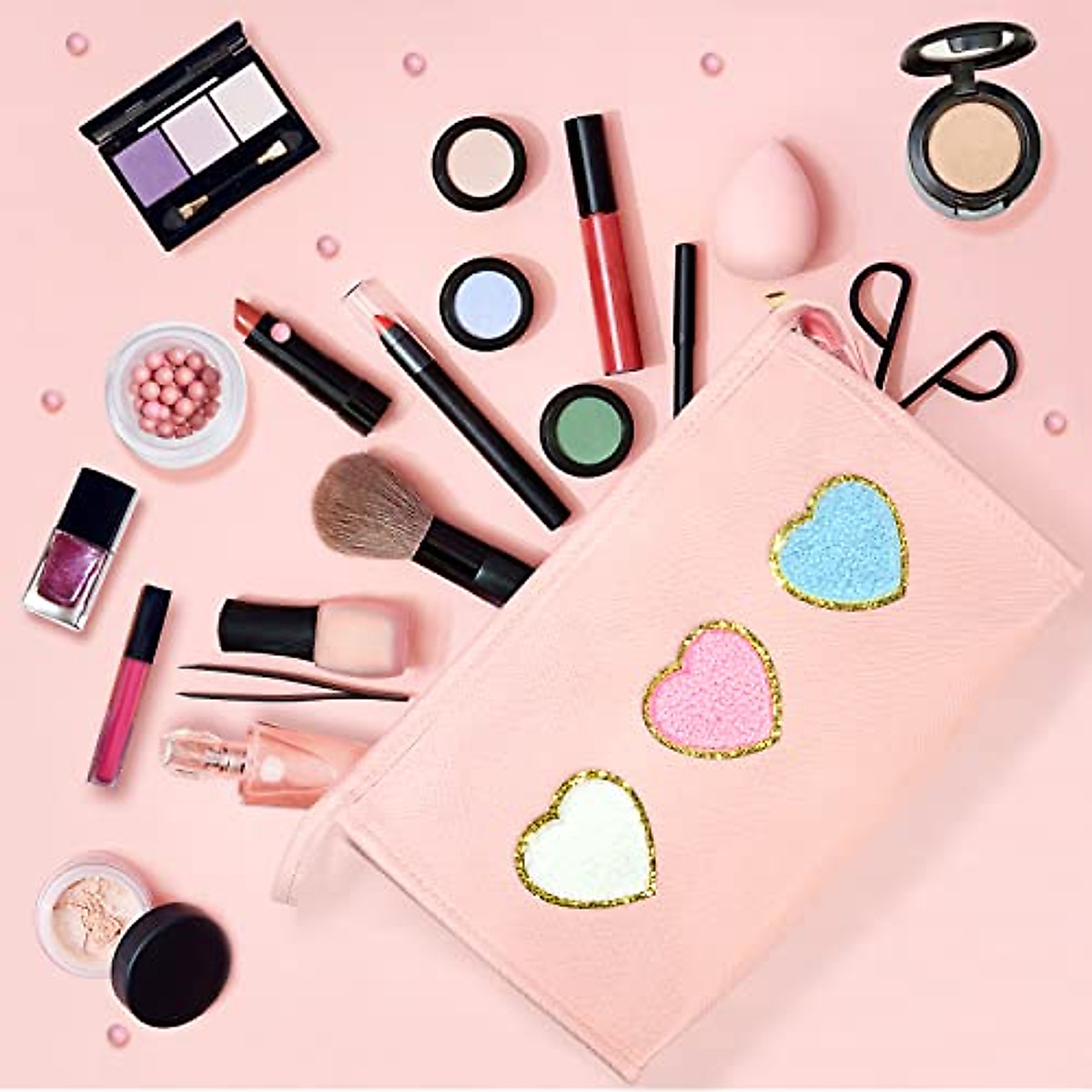 BYXEPA Preppy Heart Makeup Bag with Pocket Cosmetic Bag Waterproof Make up Travel Accessories Case Kids Portable Storage for Teen Girls Gift (Pink-Hearts)