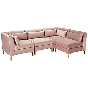 Iconic Home Girardi Modular Chaise Sectional Sofa Velvet Upholstered Solid Gold Tone Metal Y-Leg with 6 Throw Pillows Modern Contemporary, Blush