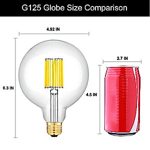 OMAYKEY 12W Dimmable Large LED Globe Bulb 100W Equivalent 1000 Lumens, 5000K Daylight White E26 Medium Base, Vintage Edison G125 Large Globe Clear Glass LED Filament Light Bulb, Deep Dimming Version