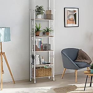 DYN Ptah Floor to Ceiling Adjustble 5 Tiers Bookshelf, Tall Bookshelf with Open Shelves for Storage and Display, Modern Shelf for Living Room, Metal Bookshelf with Wooden Shelf