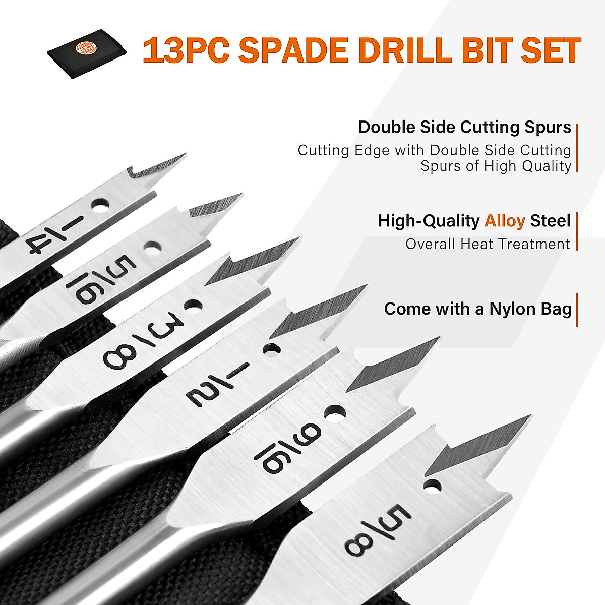 KENDO 13-Piece Spade Drill Bit Sets, Alloy Steel Paddle Flat Bit with Quick Change Shank, Flat Wood Hole Cutter Fit for Woodworking, Assorted Bits with Nylon Storage Pouch, 1/4" to 1-1/2"