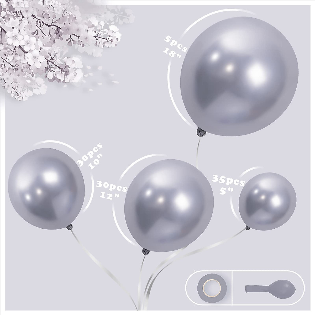 CUTEUP Metallic Silver Balloons Garland - 100 Pcs 18/10/12/5 Inch Silver Balloon Difference Size Silver Qualatex Balloons As Party Decorations for Bachelorette Party Graduation Wedding Baby Shower