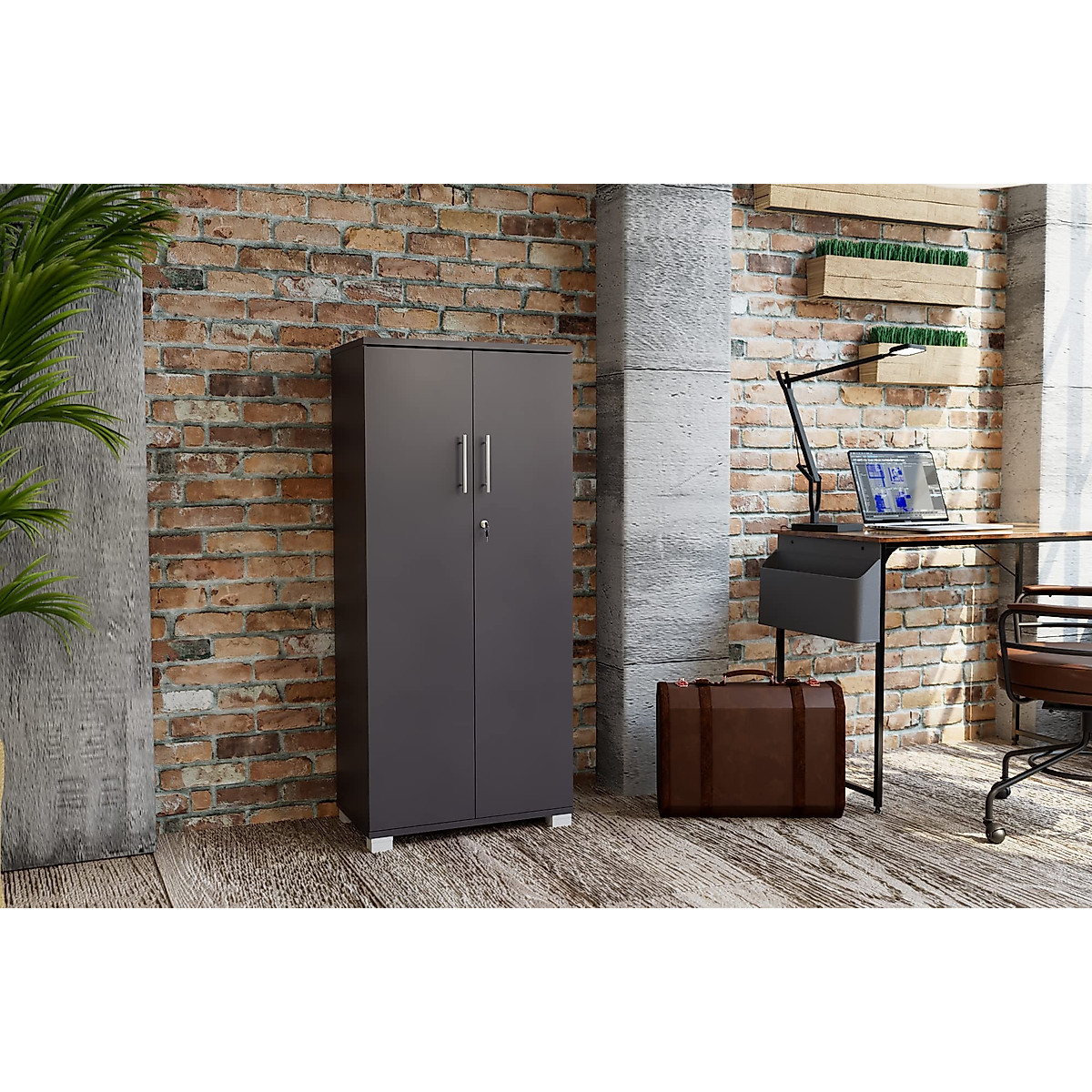 MMT Furniture Two Door Locking Storage Cabinet for Office, Pantry, Home, Office, Kitchen, Garage - File Organizer Cupboard - Wooden Filing Cabinet Unit - Free Standing Three Shelves Bookcase