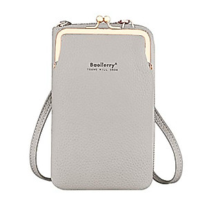 Small Crossbody Phone Bag Lightweight PU Leather Phone Purse for Women with Long Shoulder Strap Card Holder Kiss-Lock (Gray)