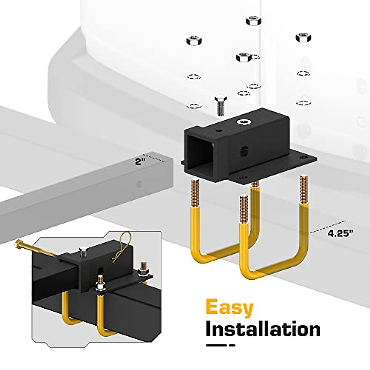 ARKSEN Heavy Duty Steel U-Bolt 2" Hitch Receiver Adapter for 4" Square Bumpers or 2" Tube Bicycle Racks, Cargo Carrier Designed for RV Recreational Vehicle