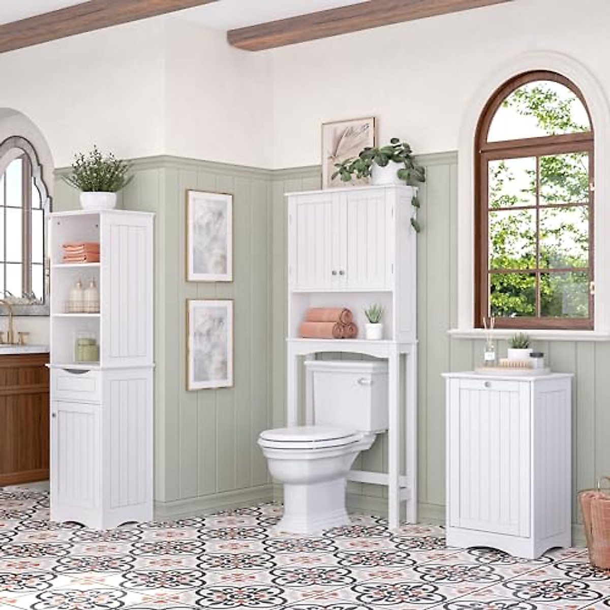 RiverRidge Ashland Tilt Out Laundry Hamper with Beadboard Design - Spacious Top Shelf, Removable Cloth Bag & Silver Knob - White Laundry Cabinet for Towels & Clothes Storage - Laundry Room Cabinets