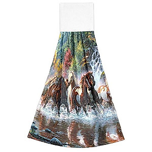 Emelivor Kitchen Hand Towels Hanging Loop Horses Running Super Absorbent Hand Dry Towels 12'' x 17'' Soft Dish Wipe Cloth for Home - Set of 2