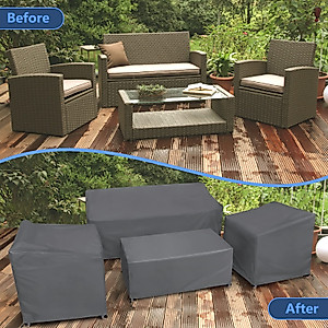 Outdoor Furniture Cover Waterproof, STARTWO 4 Piece Patio Furniture Covers Set, Heavy Duty Lawn Patio Covers for 1xSofa Cover, 2xChair Covers, 1xCoffee Table Cover with Windproof Buckle Strap, Grey