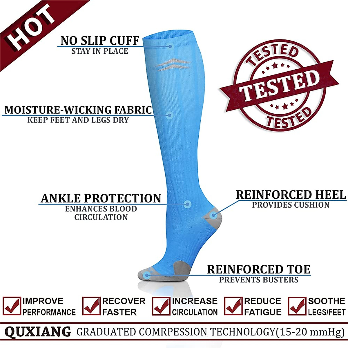 QUXIANG Copper Compression Socks for Women & Men Circulation (8 Pairs) - Best for Running Athletic Cycling - 15-20 mmHg (L/XL,Multi 12)