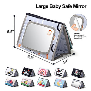 Baby Mirror Tummy Time with High Contrast Soft Baby Crinkle Book, Infant Montessori Sensory Toys for Toddler 0-3-6-12 Months, Tummy Time Floor Mirror for Newborn Brain Development, as Girl Boy Gifts