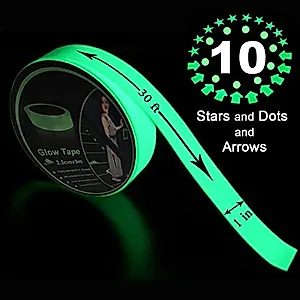 EonBon Glow in The Dark Tape,Luminous Tape 30 Feet x 1 Inch, Removable Waterproof Photo Luminescent Green Glow Tape with 10 Glow Stars, Dots and Arrows, Perfect for Home, Office, Luminous Party