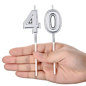40th Birthday Candles, Number 40 Candles, Happy Birthday Cake Topper Numeral Candles Decoration for Men Women Birthday Party Wedding Decoration Anniversary Celebration Supplies Theme Party (Silver)