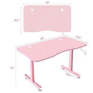 Vitesse Pink Gaming Desk 40 Inch Cute Kawaii Computer Table T Shaped Girl Gamer Workstation Home Office with Carbon Fiber Surface and Headphone Hook (Pink) 40*28*21.5