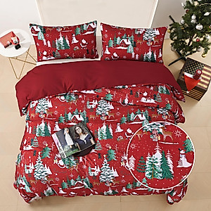 Dinjoy Christmas Red Duvet Cover Set King Size, 3 Piece Father Christmas Xmas Trees Snowman, Soft Microfiber King Duvet Cover Set for All Seasons