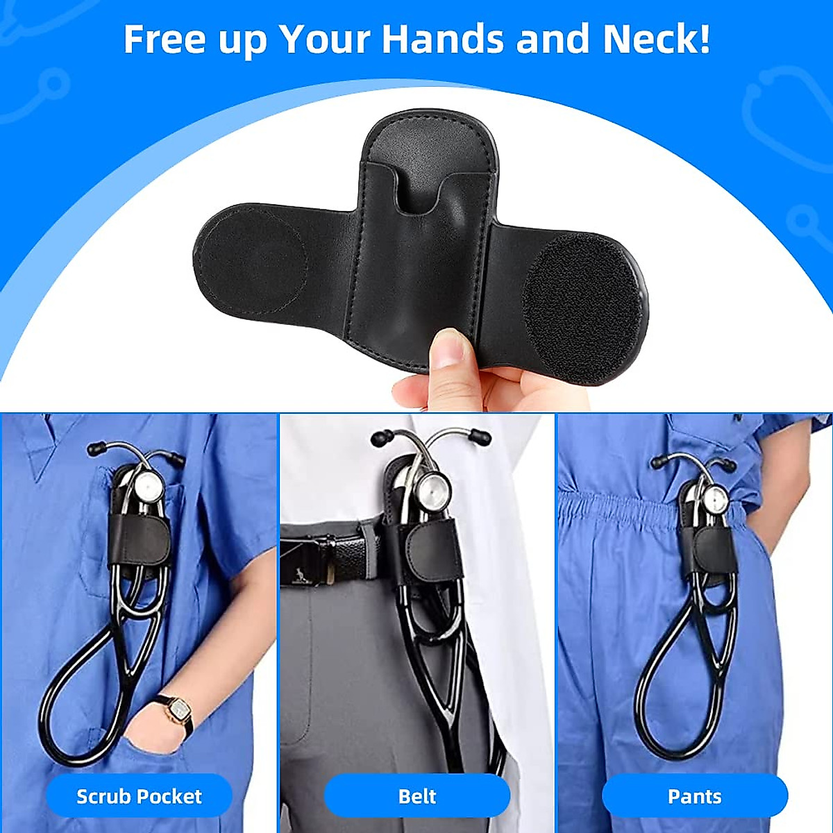Leather Stethoscope Holder Hip Clip - Black Stethoscope Holster with Inner Pocket & Velcro Closure for Doctors/Nurses/Scrubs/EMT