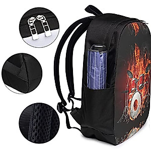 AMRANDOM School Backpack Book Bag Rock Roll Drums Flame Drummer Skull Supplies For College Students Travel Laptop Backpack With One Size