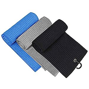 MOSUMI Golf Towel, 3 Pack Microfiber Golf Towels (16"x16") for Golf Bag with Carabiner Clip, Tri-fold Waffle Pattern Golf Towel, Blue, Black and Gray