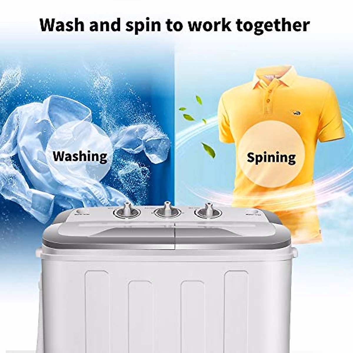 Clothes Washing Machines,SAFEPLUS Compact Mini Twin Tub Versatile Washer Machine with 8 lbs Washing &5 lbs Spin Dryer Load Cappacity Gravity Drain Pump and Drain Hose for Apartment