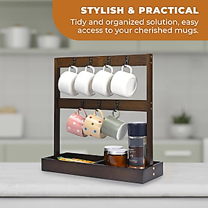 REGAL TRUNK & CO. Coffee Mug Holder for Countertop - 7-Cup Wooden Rack - Kitchen Organizer Stand for Mugs, Cups, Coffee Essentials - Stylish Display Shelf with Hooks - 17Hx17Lx6W