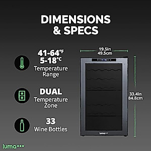 Luma Comfort Shadow Series Wine Cooler Refrigerator 33 Bottle Dual Temperature Zones, Freestanding Mirrored Wine Fridge with Double-Layer Tempered Glass Door & Compressor Cooling,Black