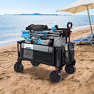 TIMBER RIDGE Outdoor Collapsible Wagon Utility Folding Cart Heavy Duty All Terrain Wheels for Shopping Camping Garden with Side Bag and Cup Holders, Grey