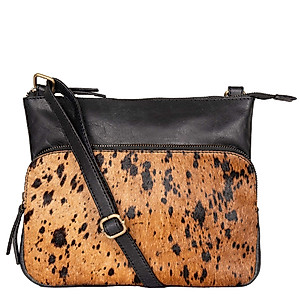 Mona B Western Genuine Cowhide Leather Style Inspired Canvas Handbag for Women | Zipper Tote Bag | Crossbody Bag | Stylish Vintage Bags Women (Brown-Skylar)