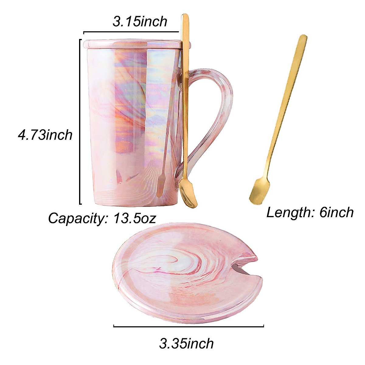 KEYIGOU 13.5oz Marble Coffee Mugs with Lid Gold Spoon Pearly Ceramic Tea Cup Cute Mugs for Women Mom Friend Gifts