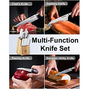 Cook N Home Kitchen Knife Set with Bamboo Storage Block 15-Piece, High Carbon Stainless Steel Blade, White