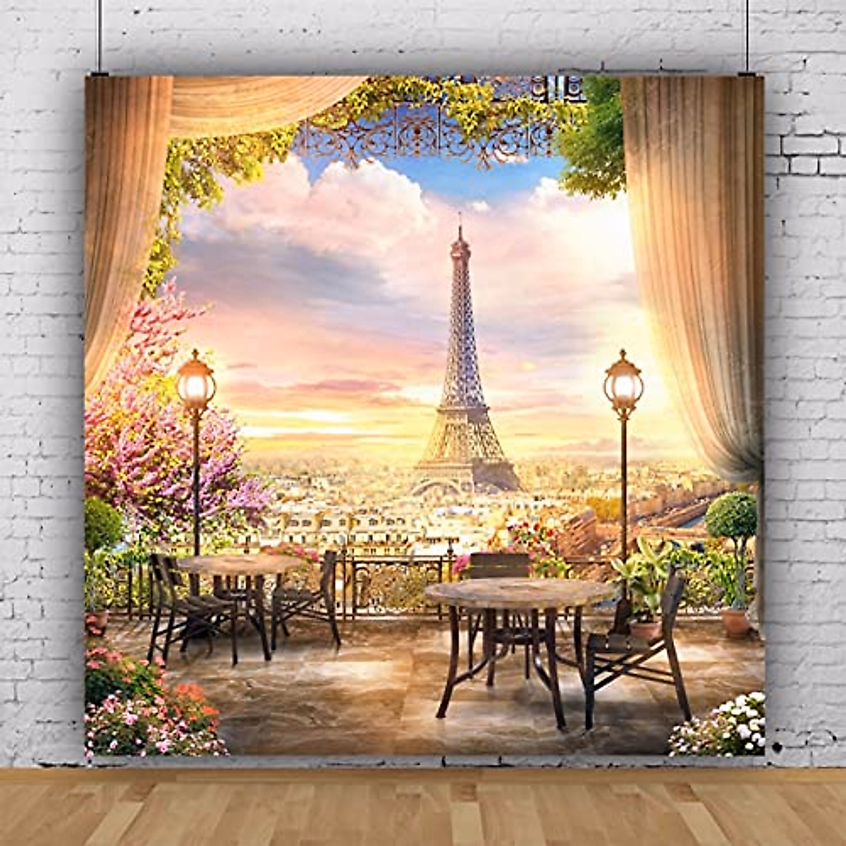 Leowefowa 5X5FT Vinyl Backdrops Photography Background Eiffel Tower Wooden Chair Desk Curtain Flowers Romantic Backdrop for Kids Lover 1.5(W) X1.5(H) M Photo Studio Props