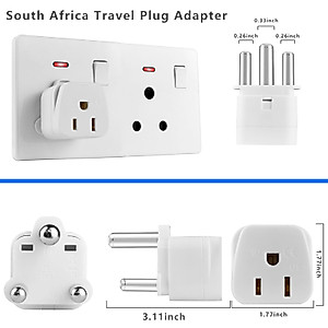 South Africa Travel Plug Adapter,South Africa Plug Adapter 3 Prong Safe Grounded USA to Any Type M for Country Such as Botswana,Nepal Pakistan,Namibia and More,White 2 Pack