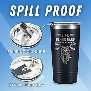 Onebttl Motorcycle Gifts for Men, Life Behind Bars, Tumbler Travel Coffee Mug, Dad Grandpa Biker Rider, Stainless Steel 20oz/590ml