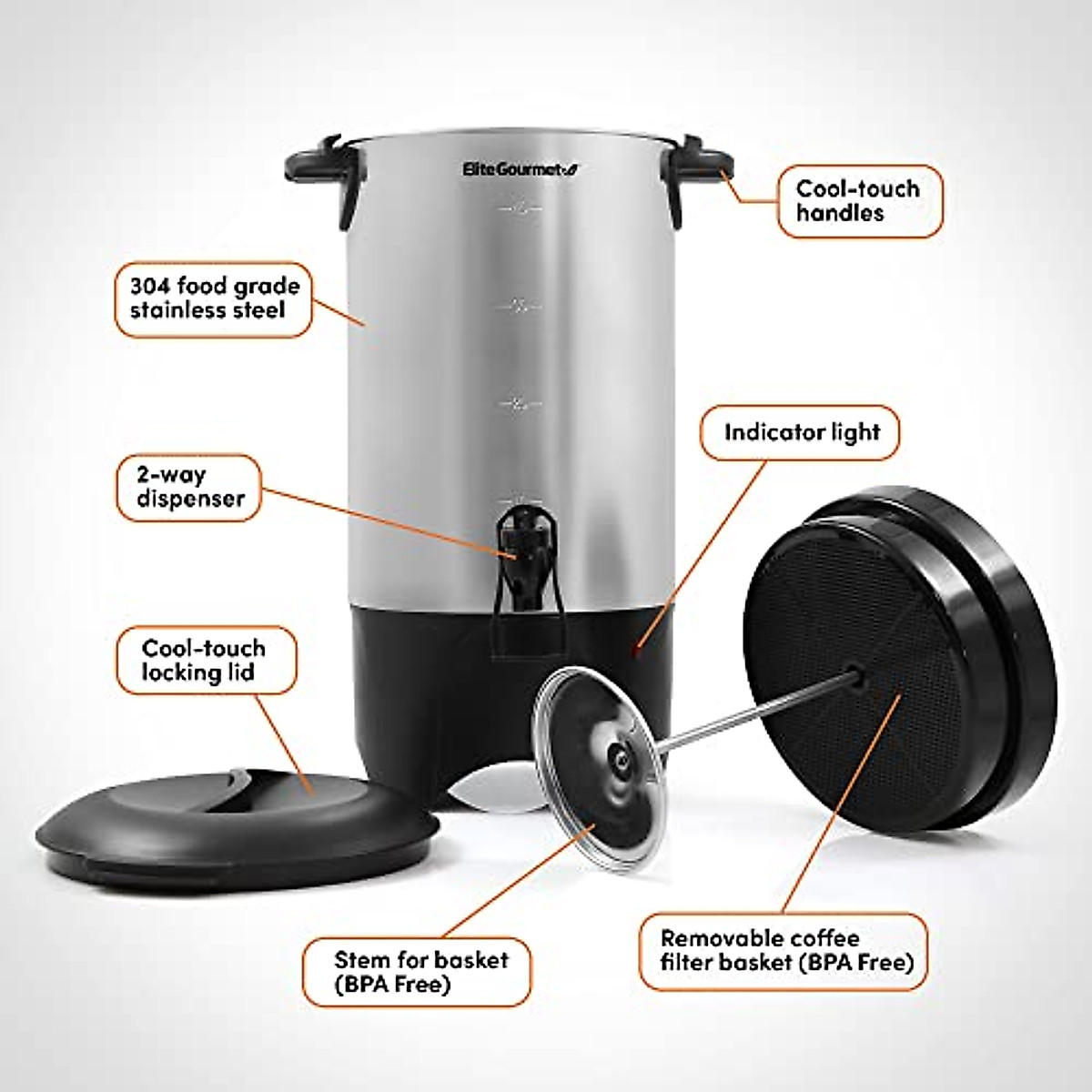Elite Gourmet CCM-040 40 Cup Electric Hot Water Coffee Brewer Urn, Removable Filter For Easy Cleanup, Two Way Dispenser with Cool-Touch Handles, Stainless Steel
