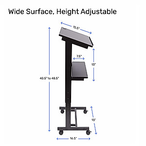 Stand Up Desk Store Mobile Adjustable Height Rolling Lectern Podium with Heavy Duty Steel Frame (Black Frame/Black Shelves, 25.5" Wide)