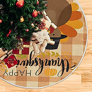 Happy Thanksgiving Day Pumpkin Turkey Christmas Tree Skirt Decorations Fall Maple Leaves Sunflower Buffalo Plaid Xmas Tree Mat 35 inch for Holiday Party Supplies Rustic Ornaments Mini Tree Skirt