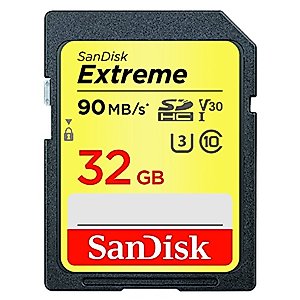 SanDisk 32GB Extreme SDHC UHS-I Memory Card - 90MB/s, C10, U3, V30, 4K UHD, SD Card - SDSDXVE-032G-GNCIN