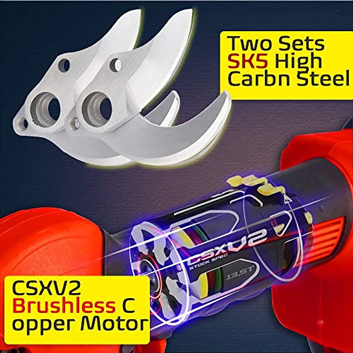 Rokrou Electric Pruning Shears For Gardening Cordless Tree Pruner 1.57" (40mm) Cutting Diameter With 2 Pack 21V Rechargeable Battery & Replacement Blade Set Red