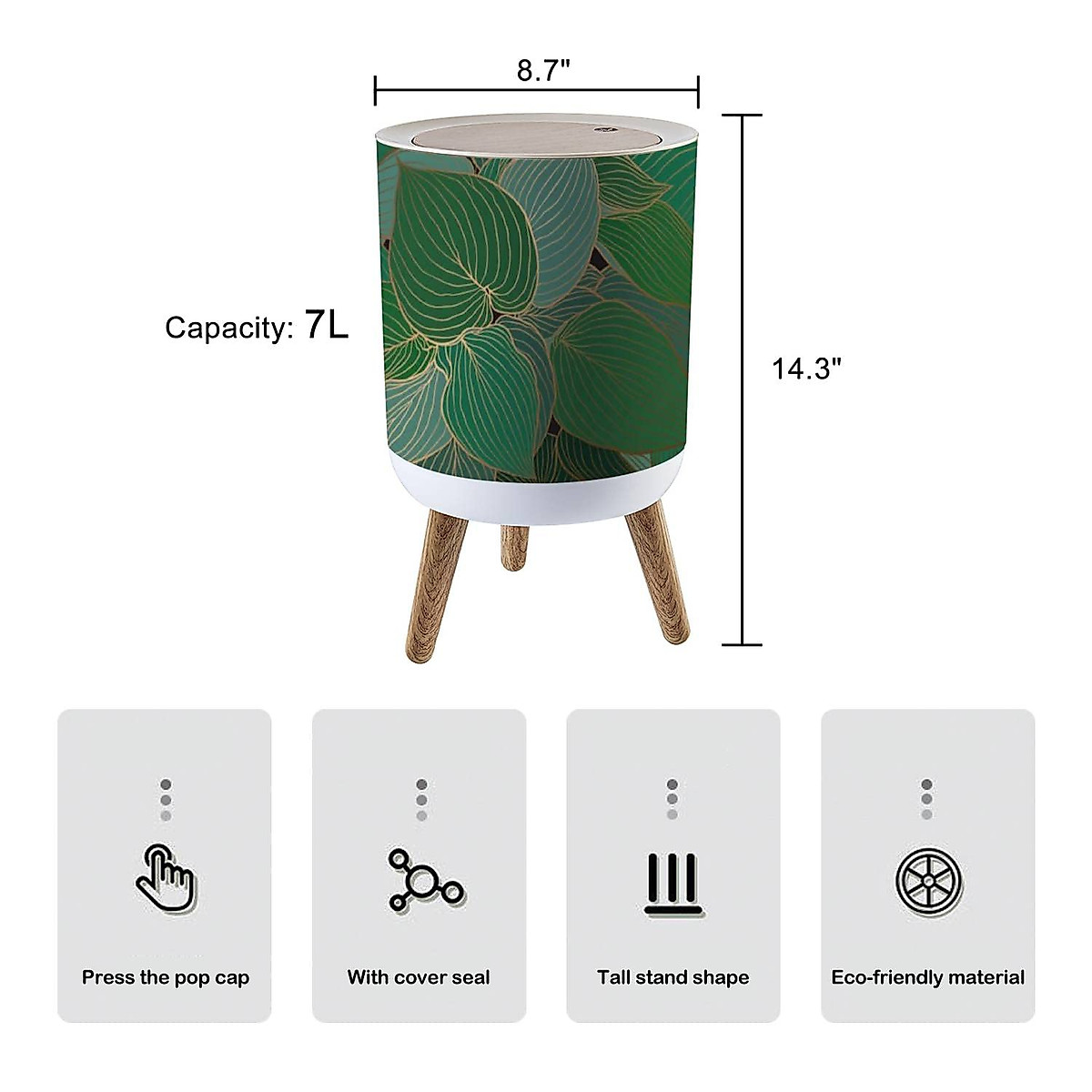 Small Trash Can with Lid Hand drawn emerald green Hosta leaves with copper outline stock 7 Liter Round Garbage Can Elasticity Press Cover Lid Wastebasket for Kitchen Bathroom Office 1.8 Gallon
