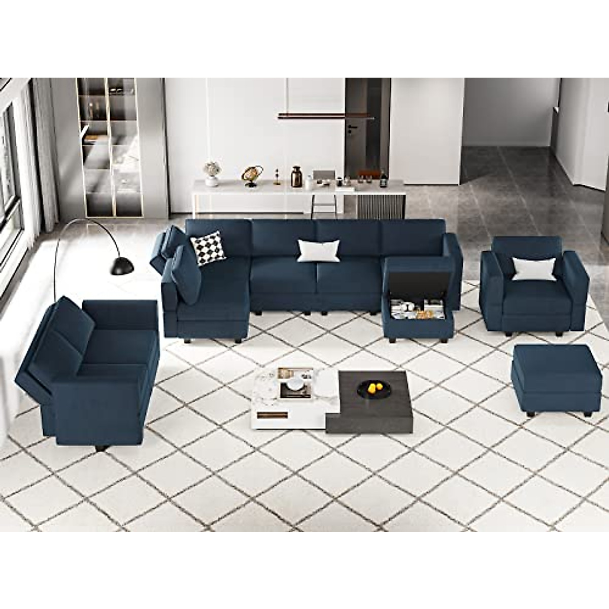Belffin Modular Sectional Sofa with Ottomans Velvet Reversible Sleeper Chaise Bed Storage Seat Blue…