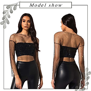 Formery Sexy Rhinestone Mesh Body Chains Top Long Sleeve Crystal Fishnet Cover Up Crop Top See Through Hollow Out Bikini Rave Top Swimsuit Coverups for Women and Girls(Black)
