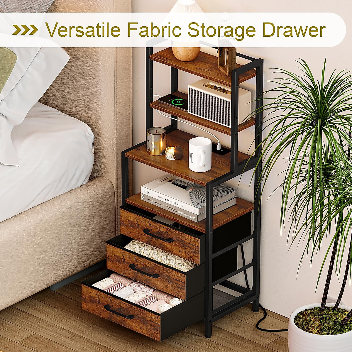 Snughome Tall Nightstand with Charging Station and Drawers, Night Stand with 4-Tier Storage Shelves, Bedside Nightstand Table, End Table Bed Side Table for Bedroom, Home Office, Living Room, Dorm