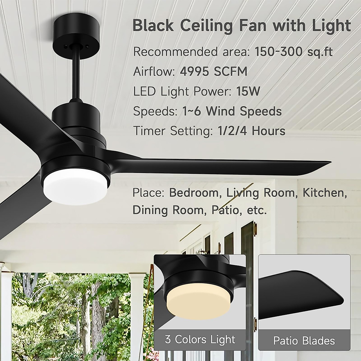 alescu Ceiling Fans with Lights and Remote,52”Black Indoor and Outdoor Ceiling Fan,Modern Ceiling Fans with Reversible DC Motor for Patio Living Room, Bedroom