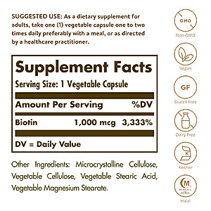 Solgar Biotin 1000 mcg, 250 Vegetable Capsules - Supports Healthy Skin, Nails & Hair - Energy Metabolism - Enhanced Potency - Non-GMO, Vegan, Gluten Free, Dairy Free, Kosher, Halal - 250 Servings